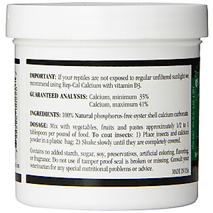 Rep-Cal 52298 Phosphorous-Free Calcium Powder Reptile/Amphibian Supplement Without Vitamin D3, 4.1 oz,white
