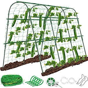 Tetutor Cucumber Trellis for Raised Beds, 63 x 45 Inch U-Shaped Garden Trellis for Climbing Plants Outdoors with Climbing Net, Metal Detachable Arch Plant Support Vegetable Trellis