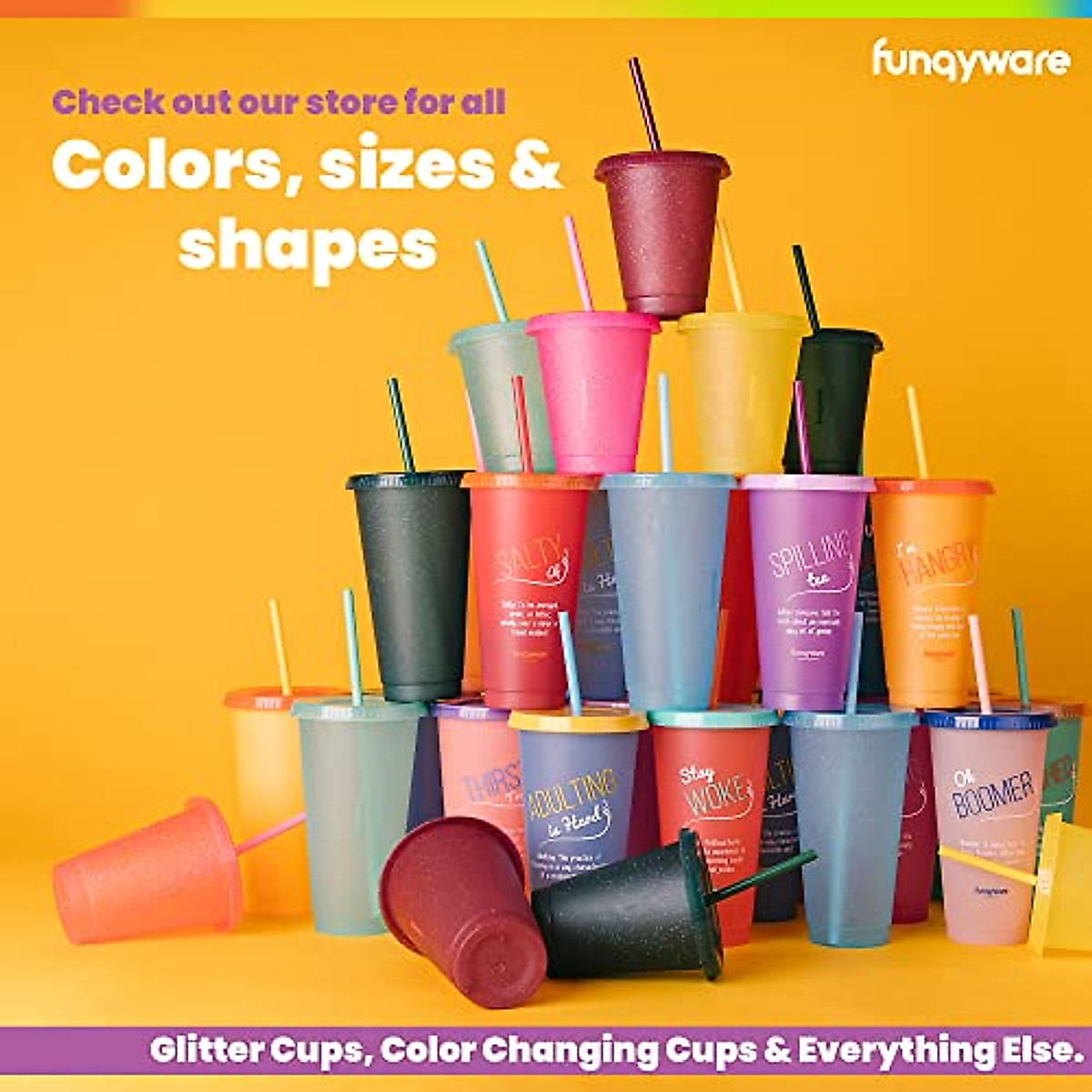 Kids Tumblers with Lids and Straws - 5 Reusable Cups with Lids and Straws, 16oz Glitter Tumbler Cute Cups for Kids in Rainbow Colors, Reusable Plastic Tumblers Cups with Lids and Straws for Smoothie