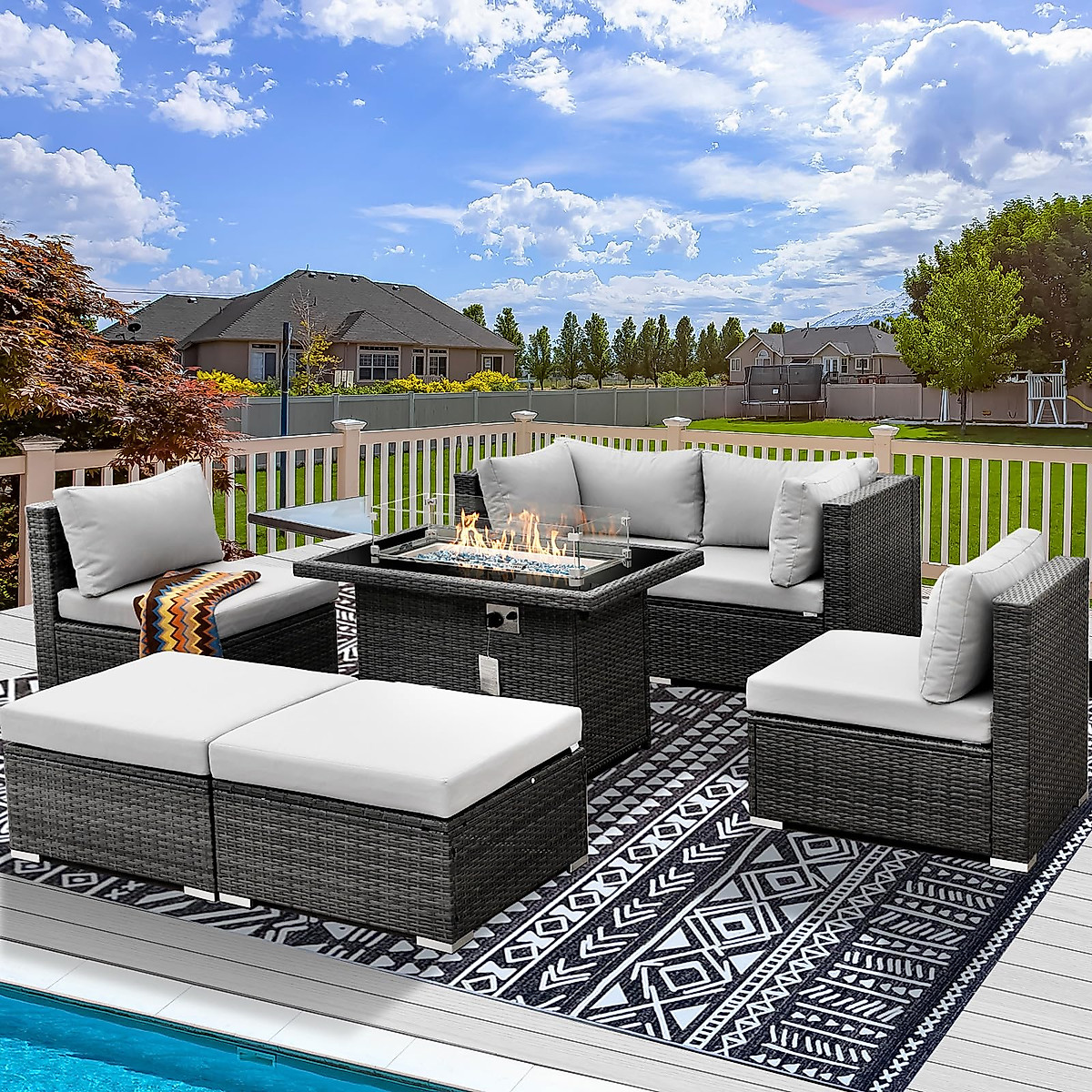 RADIATA PE Wicker Patio Furniture Set Sectional High Back Large Size Sofa Sets with Propane Fire Pit Table 55000 BTU Balcony Rattan Lounge Conversation Sets for Outdoor (7 Pieces,Light Gray)