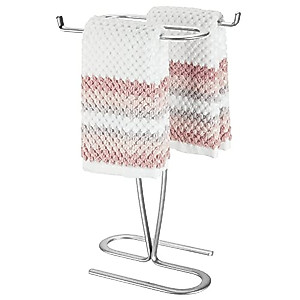 mDesign Decorative Modern Metal Fingertip, Hand Towel Holder Stand - for Bathroom Vanity Countertops to Display and Store Small Guest Towels - 2-Sided, 14" High, 2 Pack - Chrome