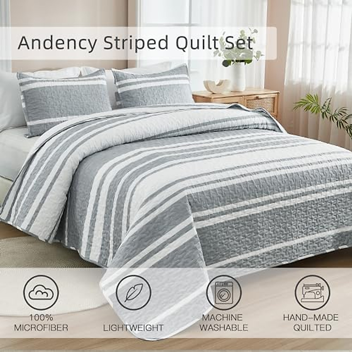 Andency California King Quilt Set Grey White (112x104 Inch), 3 Pieces (1 Cal King Patchwork Striped Printed Quilt and 2 Pillowcases), Soft Lightweight Reversible Microfiber Bedspread Coverlet Bedding