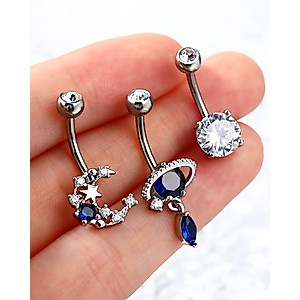 Melighting 14G Belly Button Rings Pack Stainless Steel 316L Blue Belly Rings for Women Clear CZ Planet Belly Piercing Moon Navel Barbell Body Piercing Jewelry (Blue)