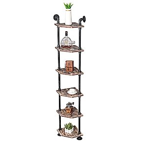 MBQQ Industrial Pipe Shelves Modern/Rustic Corner Book Shelves with Real Wood,Corner 6-Tier Bookshelf Display Stand,Metal Standing Home Decor Shelf Units