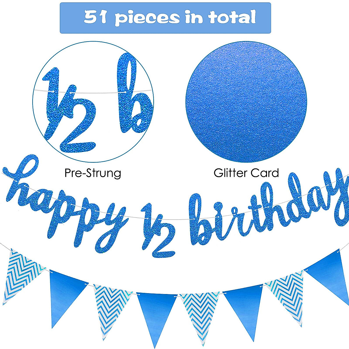 Half Birthday Decorations 6 Months Baby Boy Banner Cupcake Topper Pick 1/2 Half Year Cake Topper Triangle Flag Banner Confetti Balloons for Girl Boy Baby Shower (Dark Blue)