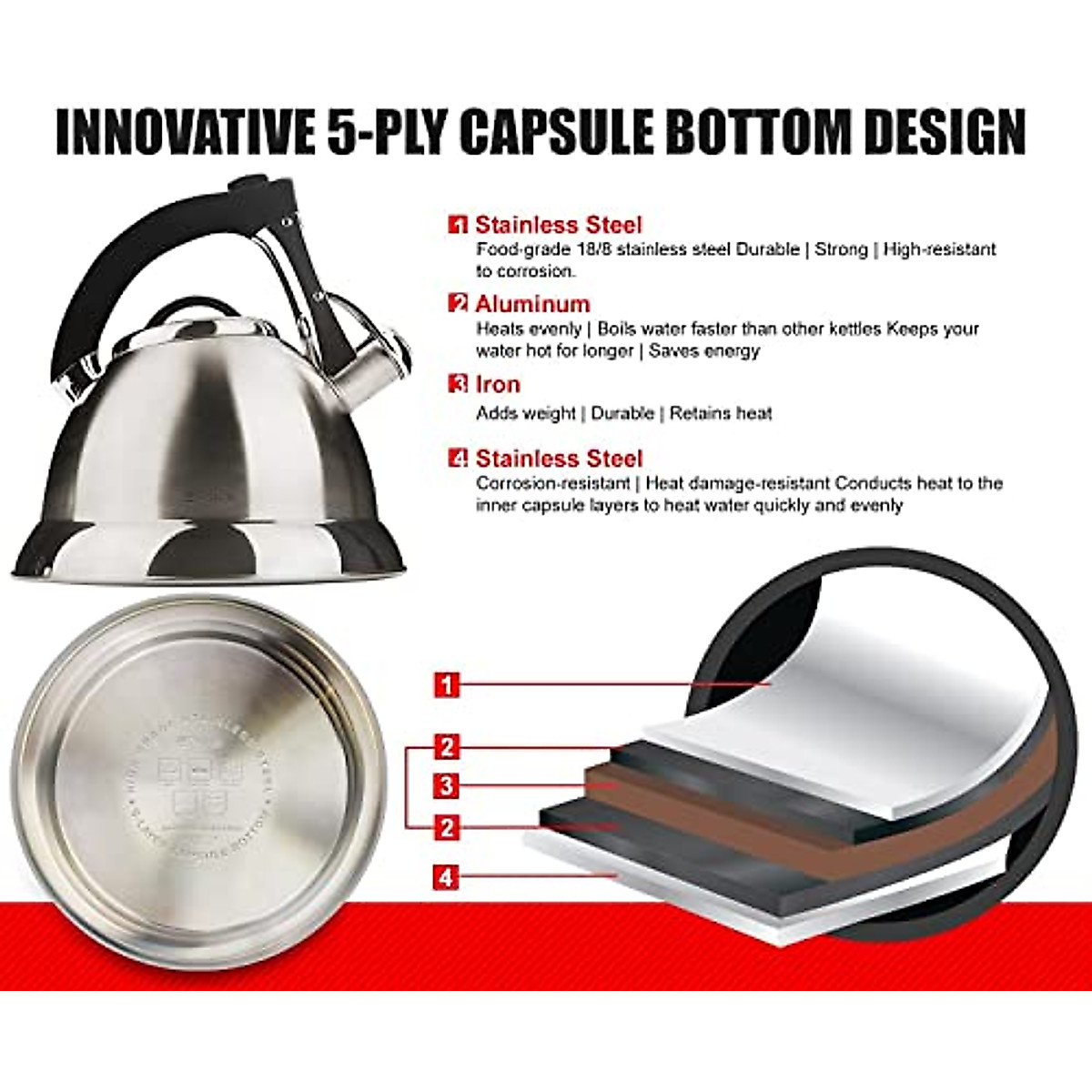 Whistling Tea Kettle with iCool - Handle, Surgical Stainless Steel Teapot for Stovetop, 2 FREE Infusers Included, 3 Quart by Pykal