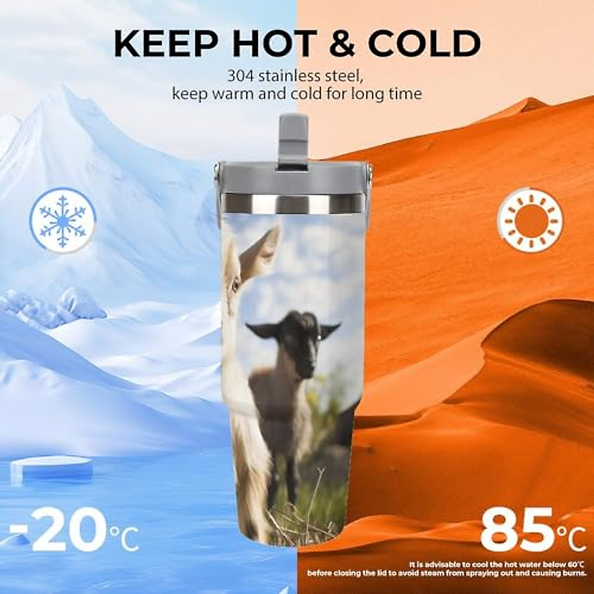 YTLKGFP 30 Oz Large Capacity Car Cup Cute Goat Tumbler with Handle Straw Lid Insulated Stainless Steel Water Bottle Travel Mug Leak-proof Car Cup Keeps Cold Or Hot