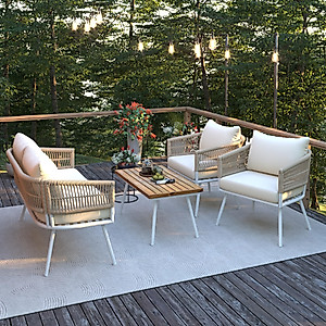 4-Piece Rope Patio Furniture Set, Outdoor Sofa with Acacia Wood Coffee Table, Patio Conversation Set with Deep Seating & Thick Cushion for Backyard Porch Balcony, Beige