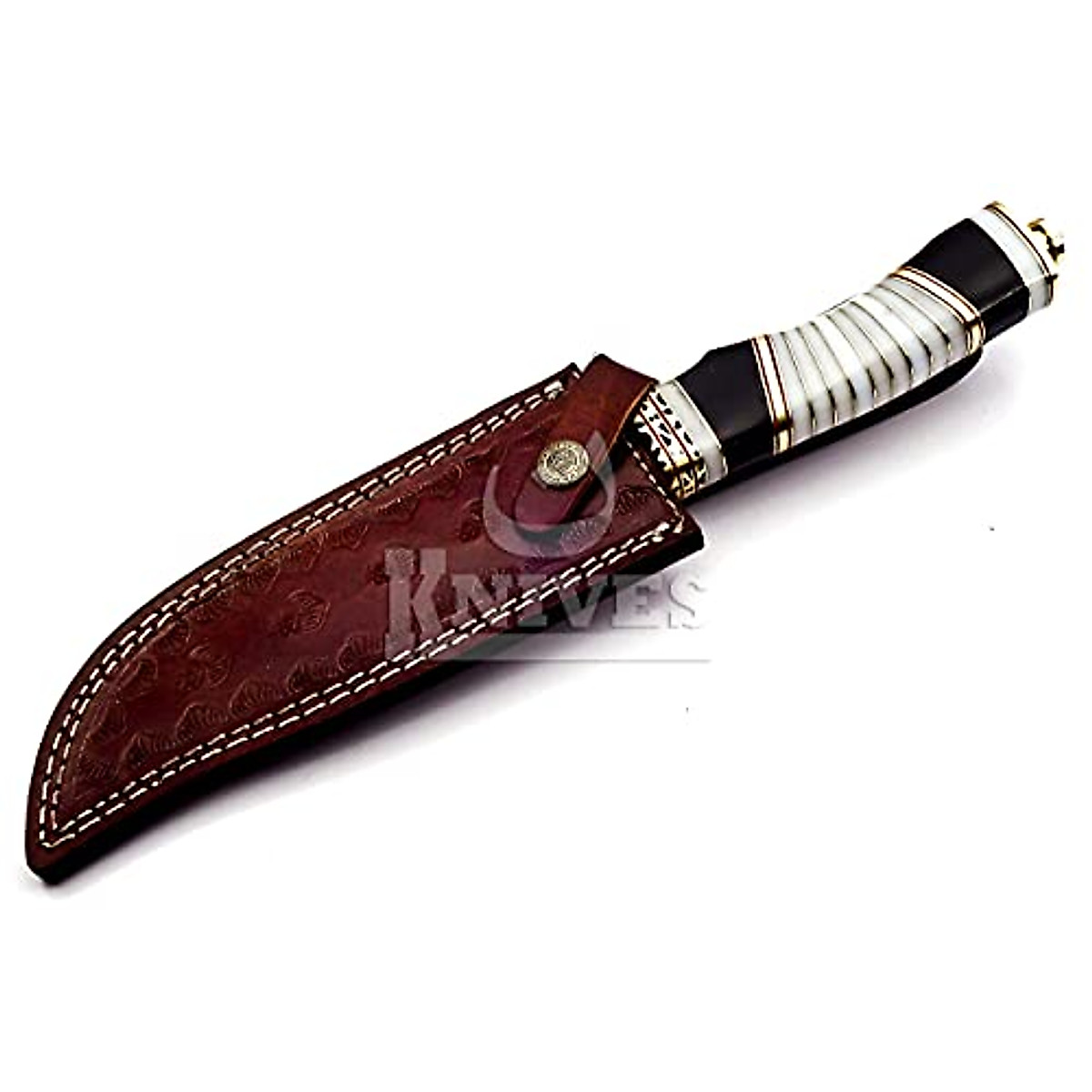 NoonKnives: Hand Made Damascus Steel Collectible Bowie Knife Handle Camel Bone with Bull Horn (Black and White)