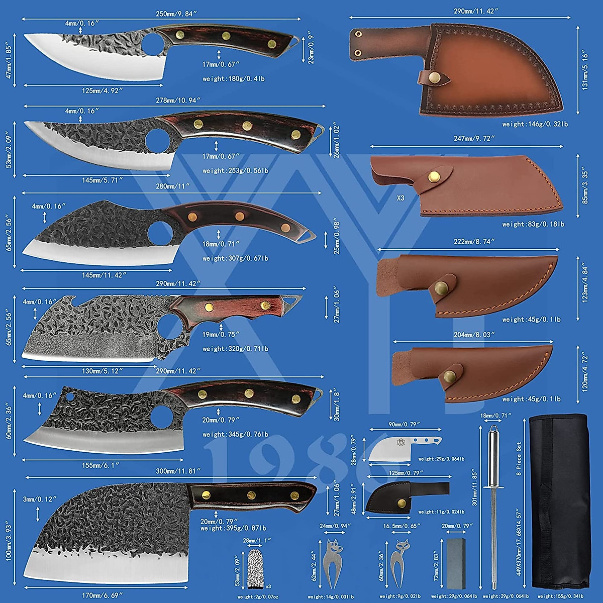 XYJ Ergonomic Handle Chef Butcher Knives Set Stainless Steel Cutlery Kitchen Knife Curved Vegetable Cooking Knife With Carry Bag Sharpener Rod Whetstone Tools