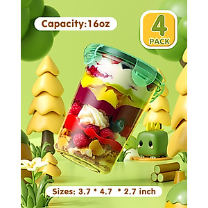 KEMETHY 4 Pcs Overnight Oats Containers with Lids, 16 oz Airtight Oats Jars, BPA Free Plastic, Reusable, Portable Meal Prep Containers Sets for Oatmeal, Yogurt, Cereal, Soup, Snacks, Milk and More