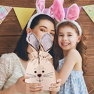3 Pack Easter Burlap Bags Easter Bunny Tote with Drawstring Furry Bunny Ears Rabbit Easter Egg Hunts Goody Candy Treat Gift Storage Bags Kids Girls Easter Party Favor Bags(8" x 10.2")