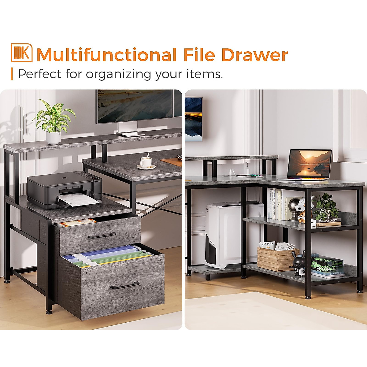 ODK L Shaped Desk with File Drawer, 66" Reversible L Shaped Computer Desk with Power Outlet & LED Strip, Office Desk with Storage Shelves, Gaming Desk with Monitor Shelf, Corner Desk, Grey Oak