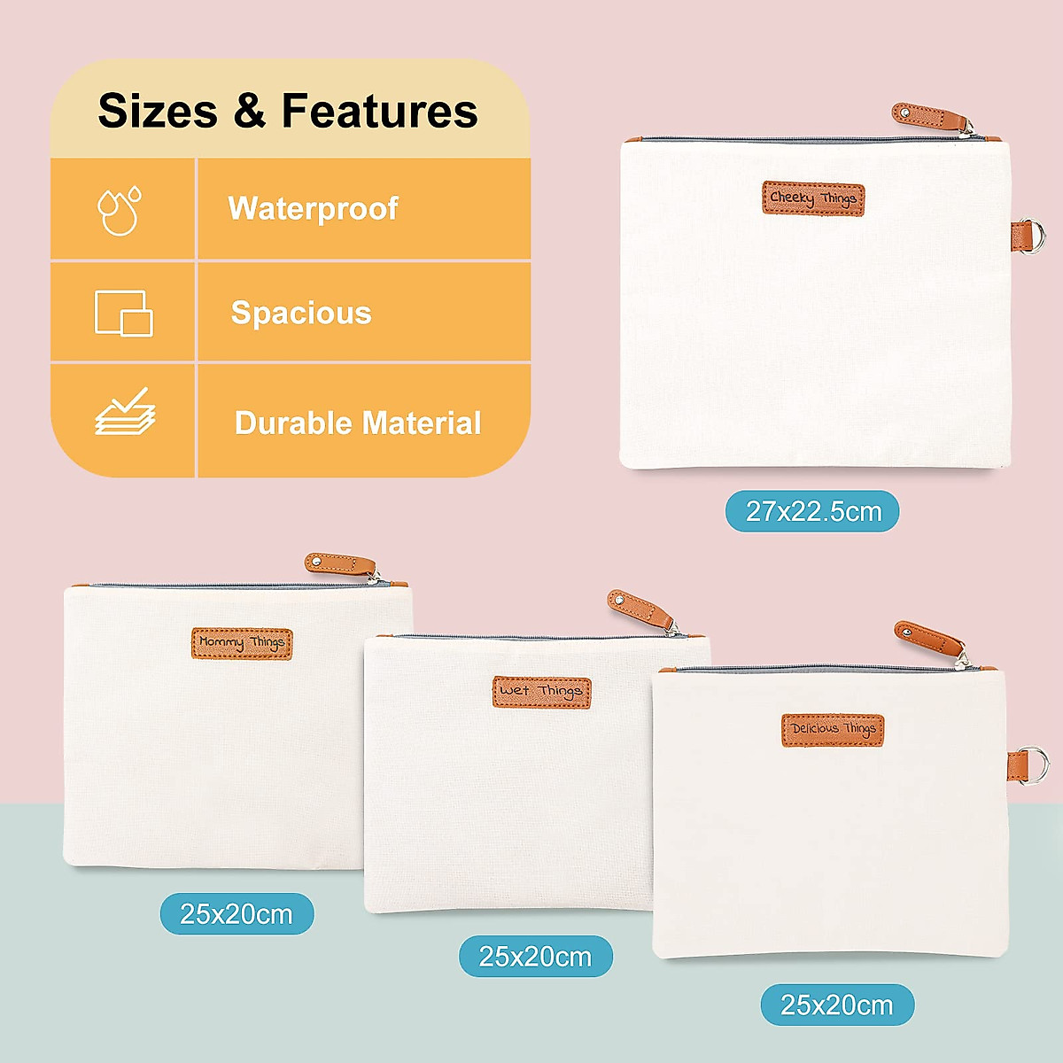 EZONTEQ Diaper Bag Organizing Pouches Dry Wet Bag with Labeled, Diaper Organizer Clutch with Waterproof Interior, Durable Leather Wristlet Strap and Zippers (Pack of 4)