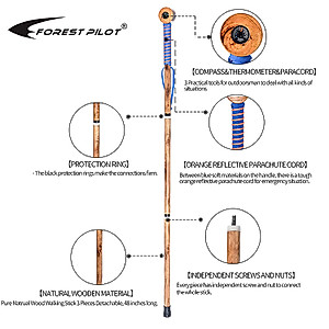 FOREST PILOT 3 Pieces Detachable Hardwood Walking Stick with a Compass and a Thermometer (Nature Color, 48 Inches, 1 Piece)…