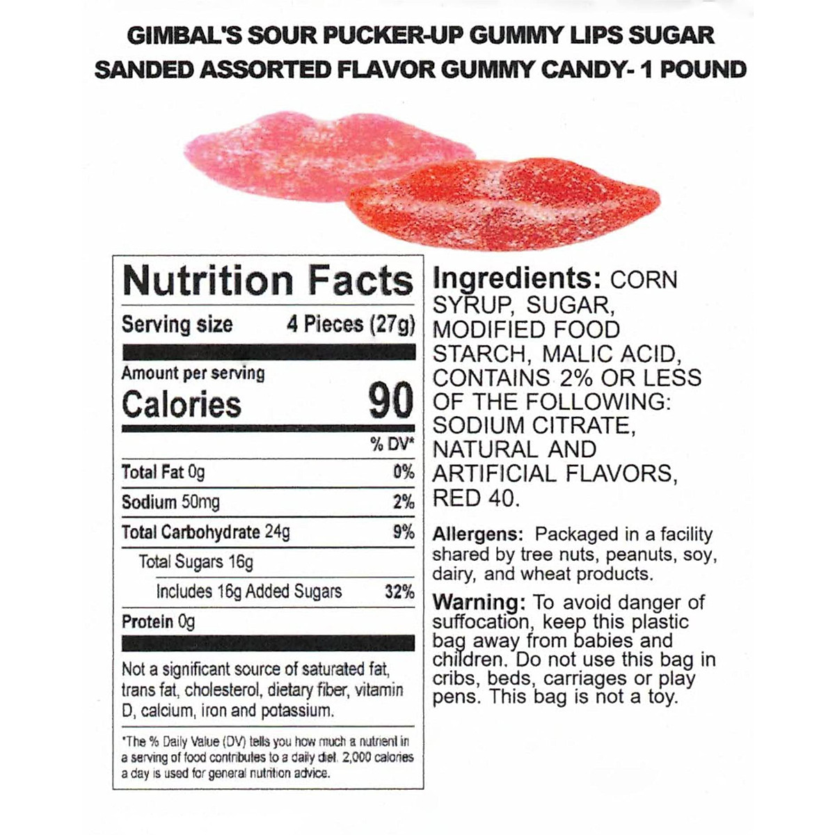 Gimbal's Fine Candies Sour Pucker-up Gummy Lips, 1 Lb, 68 Pieces, Assorted Flavors