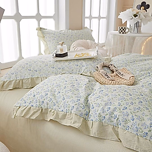 MKXI Princess Floral Comforter Set Ruffled Comforter Wildflowers Patern Full Size Cute Artistic Bedding Set Light Green Bed Comforter for Girls Blue Flowers Bedding Comforter Duvet Set