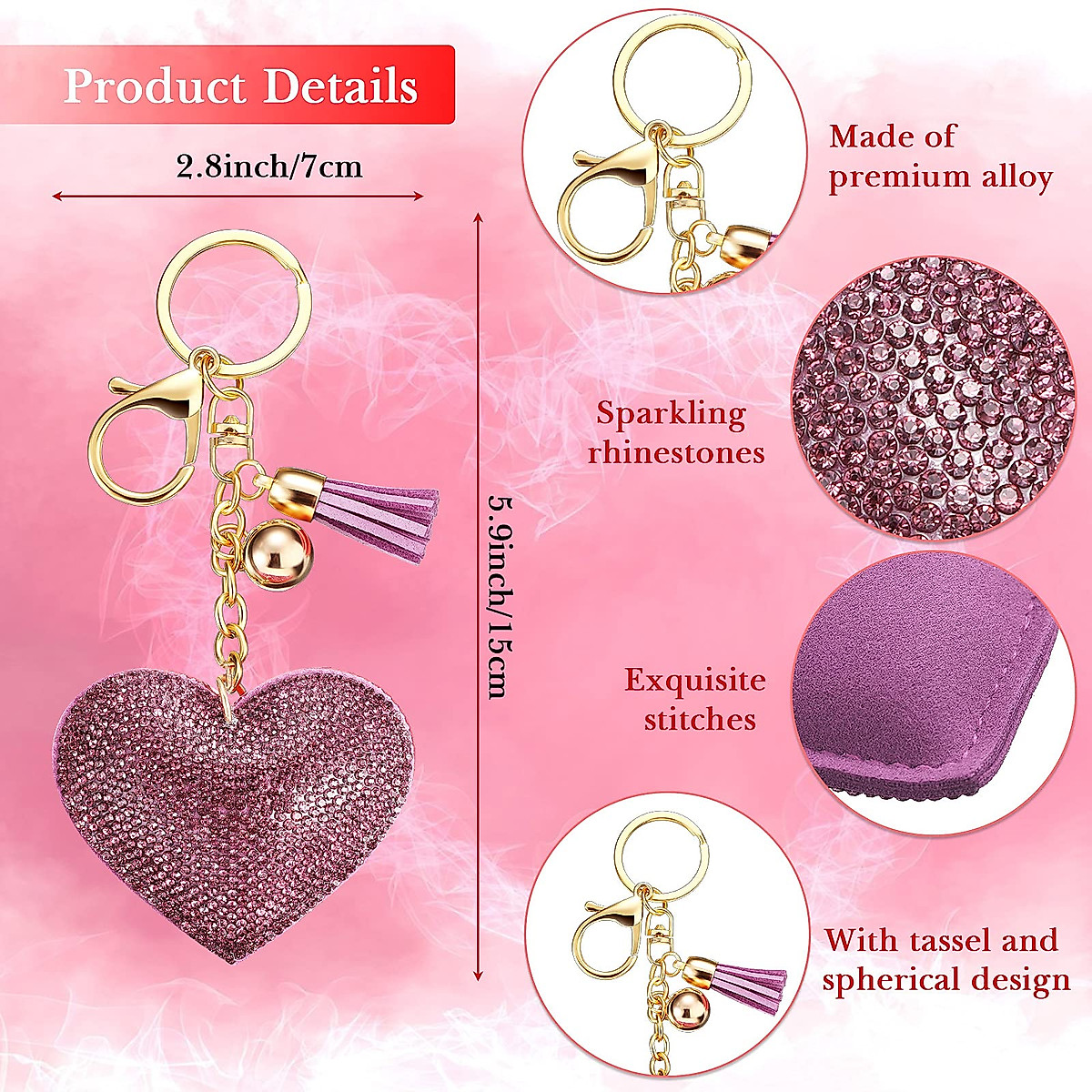Bling Rhinestone Heart Shape Keychains Glitter Crystal Heart Tassel Keychains Key Rings for Women Girls (Mixed Color, 10)