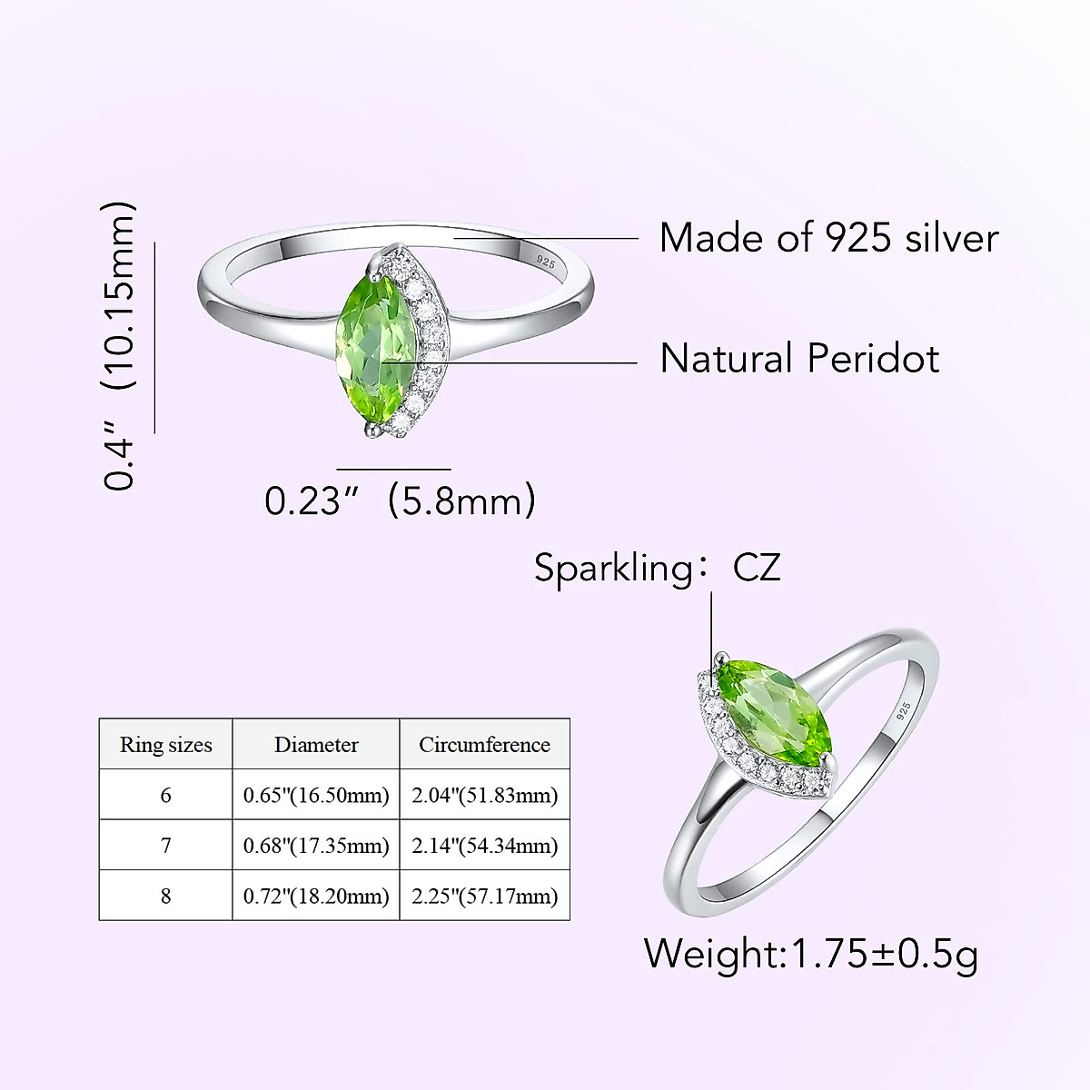Jupiter Natural Peridot Silver Ring,925 Sterling Silver Genuine Gemstone Women Marquise Ring, 4*8mm Natural Peridot with Cut Surface, Gemstone, Peridot