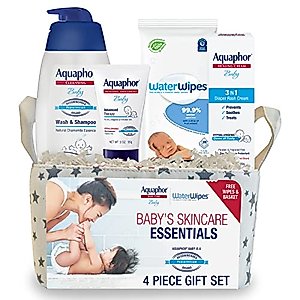 Aquaphor Baby Skin Care Gift Set with Aquaphor Baby Wash and Shampoo, Aquaphor Baby Healing Ointment, Aquaphor Diaper Rash Cream, and WaterWipes, 4 Pieces