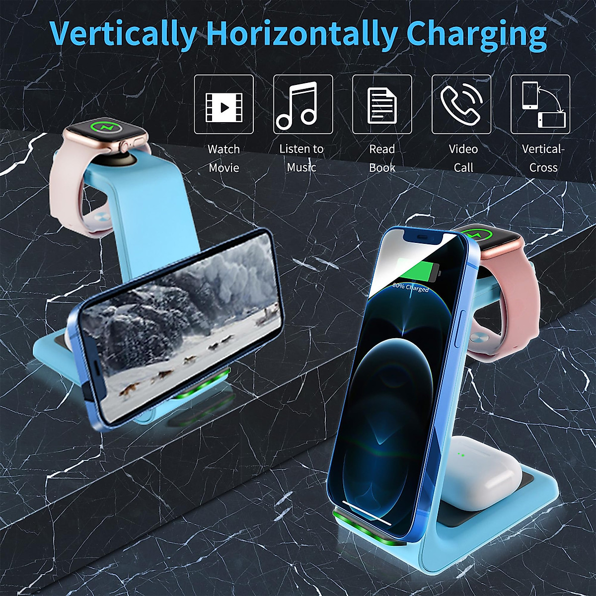 Wireless Charging Station, 3 in 1 Fast Wireless Charger Stand Dock Compatible with iPhone 15/15 Plus/15 Pro Max/14/13/13 Pro/13 Pro Max/12/12 Pro/11/XR/XS Max, iWatch Series SE/6/5/4/3/2,AirPods 2/Pro