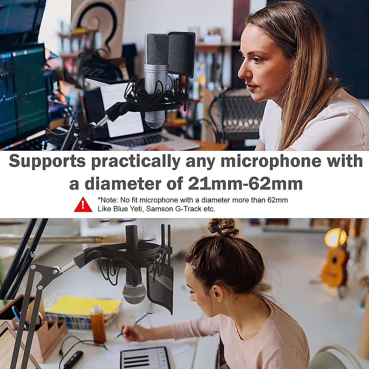 Mictop Universal Microphone Shock Mount with Pop Filter for All Microphones Size at 21mm-62mm, Includes Anti-Vibration Mic Holder and Pop Filter (Black)