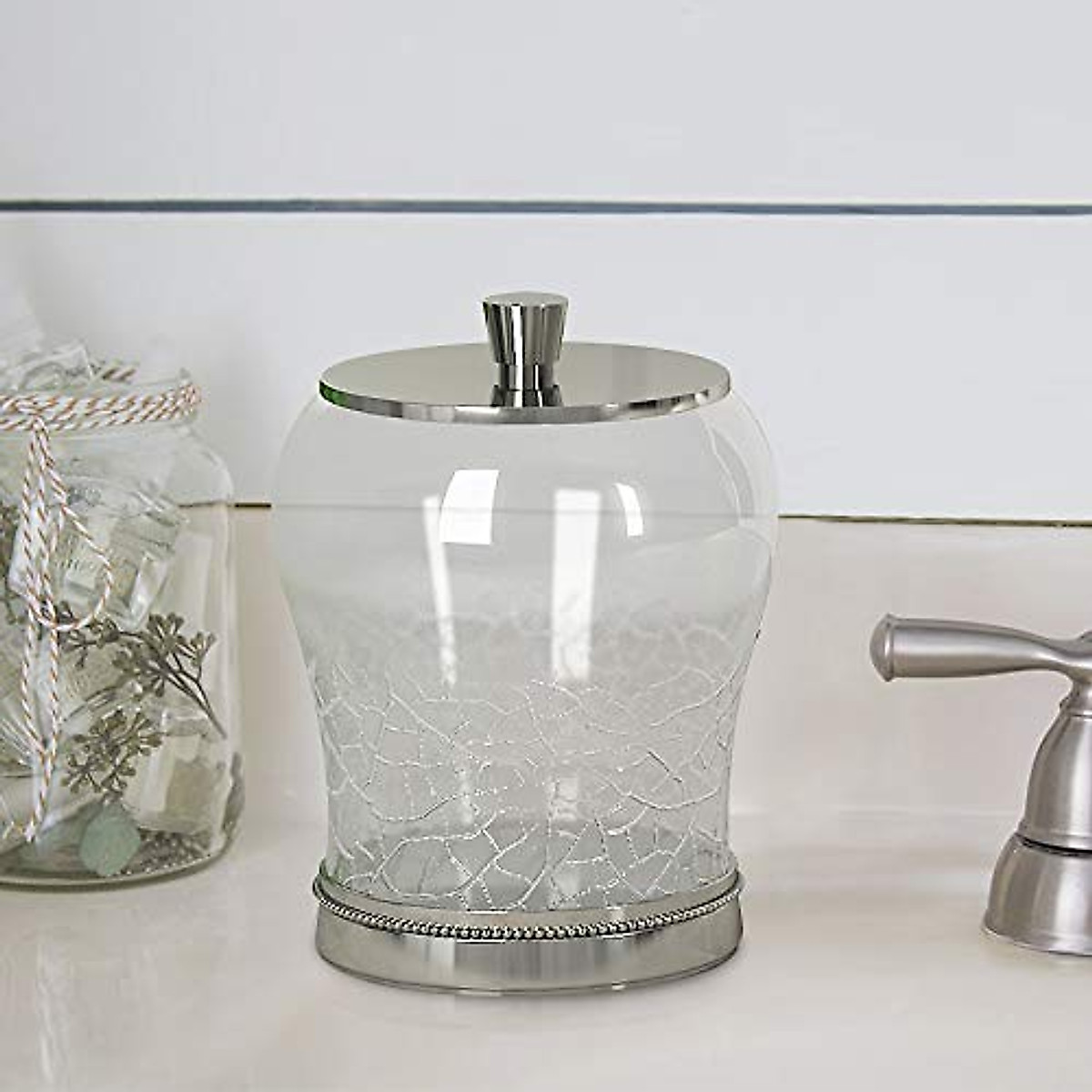 nu steel Container Coyote Qtip Dispenser Bathroom Vanity Storage Organiser, Canister, Apothecary Jar for Cotton Swabs, Rounds, Balls, Crackle Glass with Metal Trims