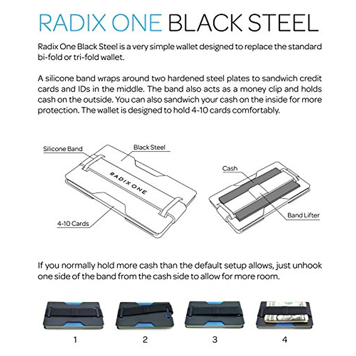 Radix One Black Steel - RFID Blocking Minimalist Front Pocket Ultra Thin Strong Wallet Money Clip Card Holder