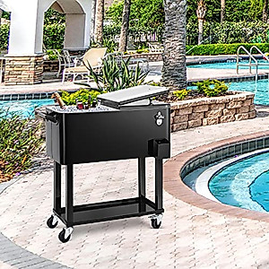 EDOSTORY 80 Quart Black Rolling Ice Chest Cooler Cart,Patio Backyard Party Drink Beverage Bar Stand Up Cooler Trolley with Ice Scoop
