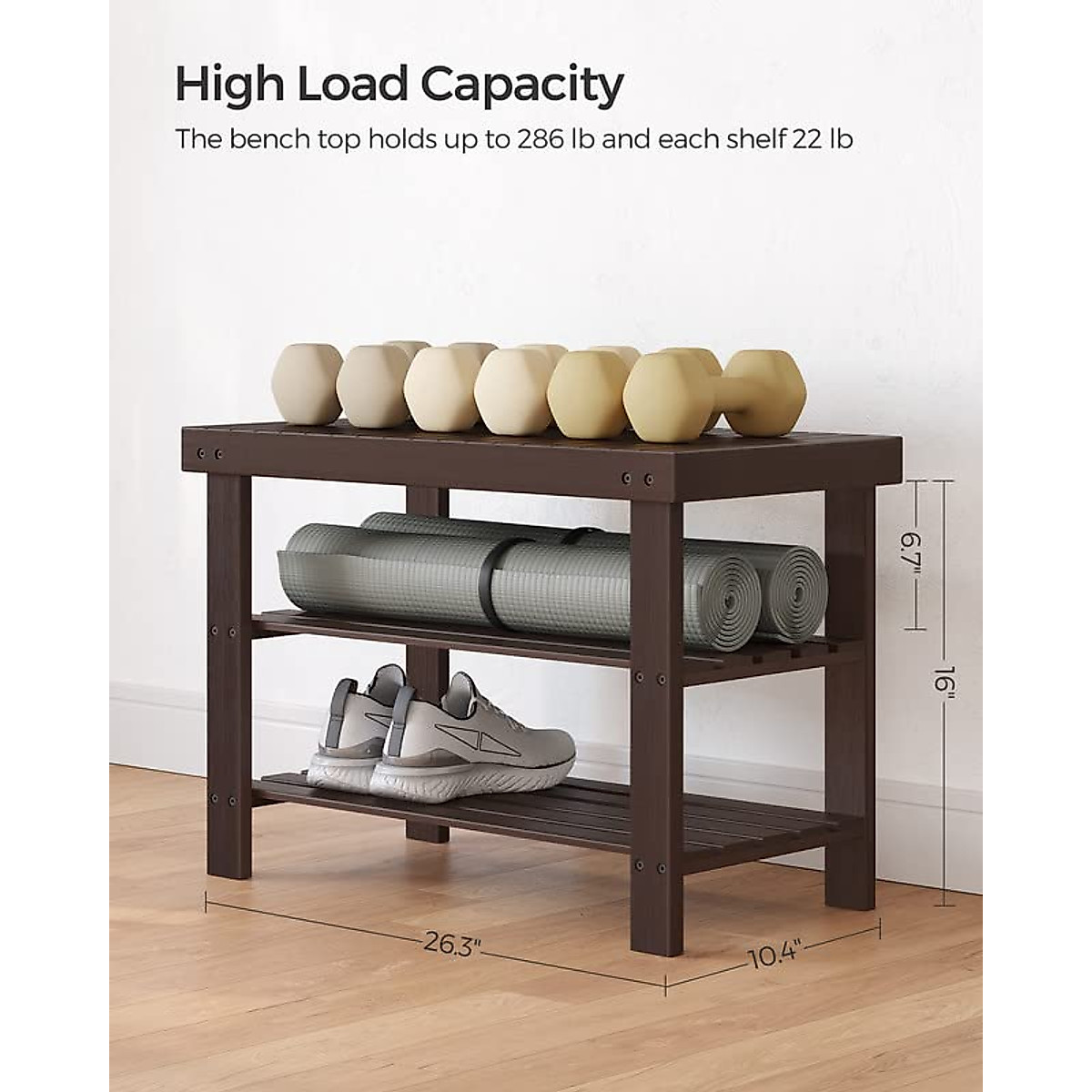 SONGMICS Shoe Rack Bench, 3-Tier Bamboo Shoe Storage Organizer, Entryway Bench, Holds Up to 286 lb, for Entryway Bathroom Bedroom, Brown ULBS04Z