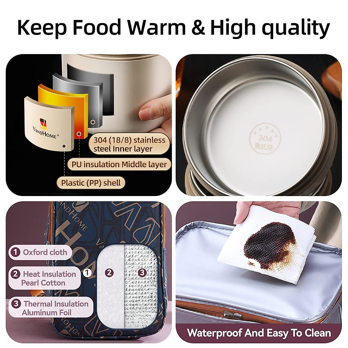 TiLeMiun Portable Insulated Lunch Containers Set, Microwave Safe Thermal Lunch Box For Kids & Aldults, 18/8 Stainless Steel Leakproof Food Container With Bag (Blue 2Pcs 34oz)