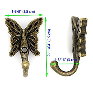 4 PCs Vintage Antique Brass Butterfly Shaped Wall Hooks Wall Mounted Hanger for Coat Cloths Hat Towel (Length 1-3/8-in Width 2-11/64-in)