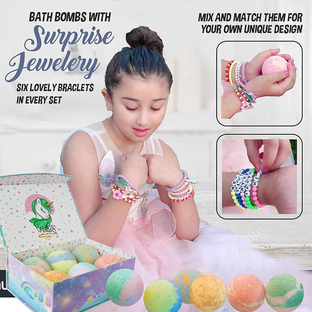 Unicorn Love Bath Bombs for Girls with Jewelry Inside + Free Jewelry Box - Organic, Skin Moisturizing, Natural Bubble Bath Bombs with Surprise Inside, Valentine's Day Gifts for Kids, Tween Girls