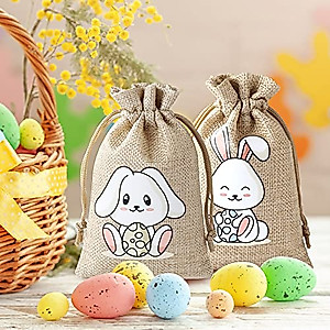 24PCS Easter Burlap Bags with Drawstring, Easter Jute Burlap Bags Small Favor Bags, Cute Bunny Burlap Gift Bag for Easter Party Favor