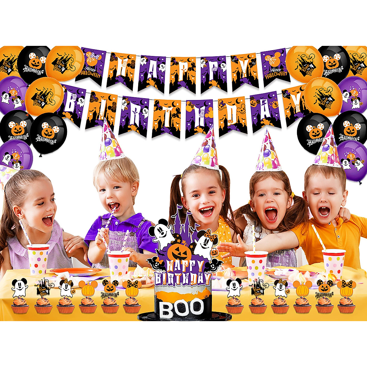 Halloween Birthday Party Supplies,Halloween Decorations Set Include Banner, Balloons, Cake Toppers and Cupcake Toppers for Boys and Girls Birthday Party
