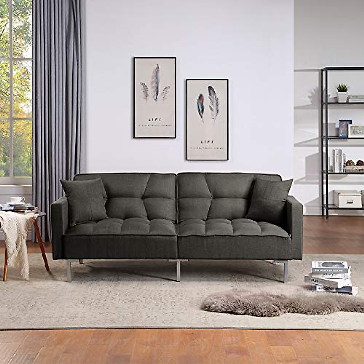 LTT Futon Sofa Bed, Futon Couch, Folding Sofa Bed Dual-Purpose Multi-Functional Sofa Bed Upholstery Fabric Living Room Sofa (Brown)