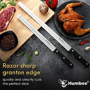 Humbee, Carving Knife and Fork Set, 10 inch Granton Blade with 9 Inch Fork, for Cutting Smoked Brisket, BBQ Meat, Turkey