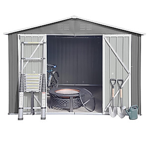 GLANZEND 10x8 FT Outdoor Metal Garden Shed, Galvanized Steel Large Storage Sheds with Lockable Doors, Weatherproof Tool House with Pitched Roof & Punched Vents for Backyard Lawn, Gray + White