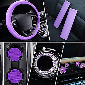 Frienda 10 Pcs Leather Steering Wheel Cover Set for Women 14.5-15 Inch Car Accessories with Seat Belt Shoulder Pad Seatbelt Cover Cup Holder Start Button Ring Sticker Air Vent Clip(Purple)