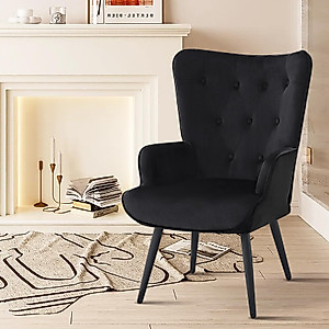 Furnimart Black Velvet Accent Chair Mid Century Modern Living Room Chairs; Comfy Armchair Leisure Vanity Guest Wingback Chair for Office Study Vanity Bedroom Waiting Room