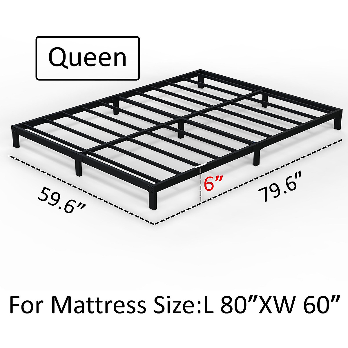 EMODA Queen Bed Frame No Box Spring Needed 6 Inch Heavy Duty Metal Platform BedFrame Queen Size with Steel Slats, Easy Assembly, Black