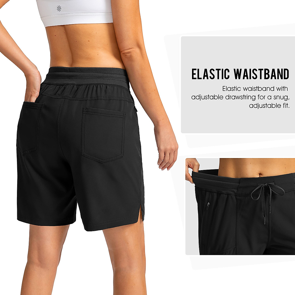 Soothfeel Women's Hiking Cargo Shorts with 4 Pockets 7 Inch Long Quick Dry Athletic Golf Shorts for Women Casual Summer (Black, XL)