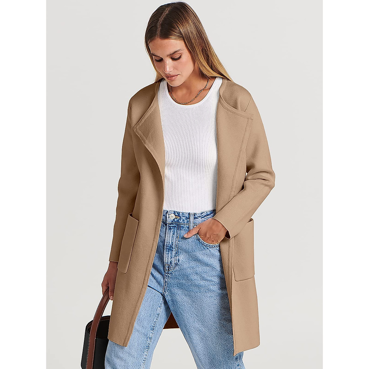 ANRABESS Women's Open Front Knit Lightweight Cardigan Casual Long Coatigan Sweater Lady Jacket Coat 2024 Fall Outerwear Large Khaki