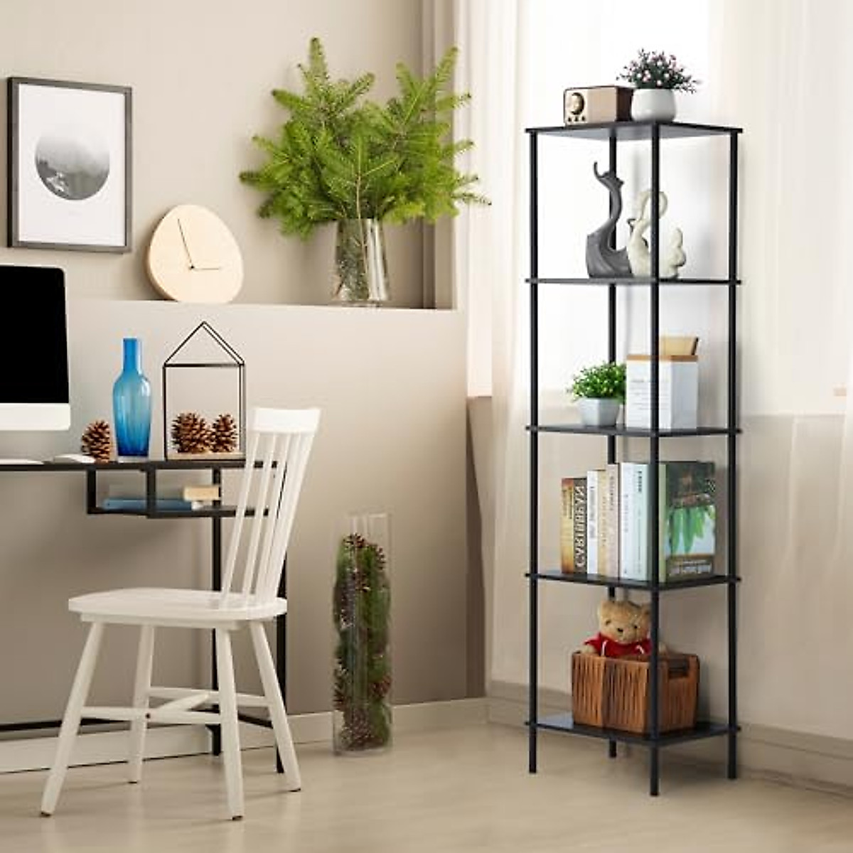 LING RUI 5 Tier Shelves Bookshelf, Tall Narrow Bookcase with Shelves,Wood and Metal Book Shelf Storage Organizer,Industrial Display Standing Shelf for Home Office, Living Room, Bed Room(Black)