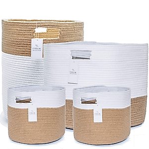 Chloe and Cotton Woven Coiled Rope Storage Baskets XXXL 15 x 21 inch; XL 19 x 16 and Set of 2 Cubby Baskets Jute White Handles | Decorative Laundry Clothes Hamper, Blanket, Towel, Cute Organizer Bin