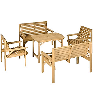 Outsunny 5 Piece Wooden Patio Dining Set for 6, Outdoor Conversation Set with 2 Armchairs, 2 Loveseats, and Dining Table with Umbrella Hole for Backyard, Garden, Light Brown