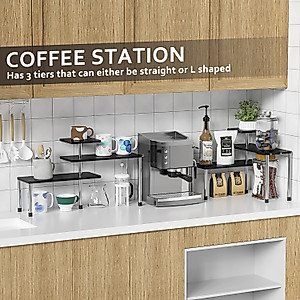 Hellojin Countertop Organizer, 3 Tier Moveable Corner Shelf for Kitchen Counter, Bathroom, Bamboo Spice Rack, Coffee Area, Sink Corner Counter Shelf, Dresser Table with Hooks (Black)