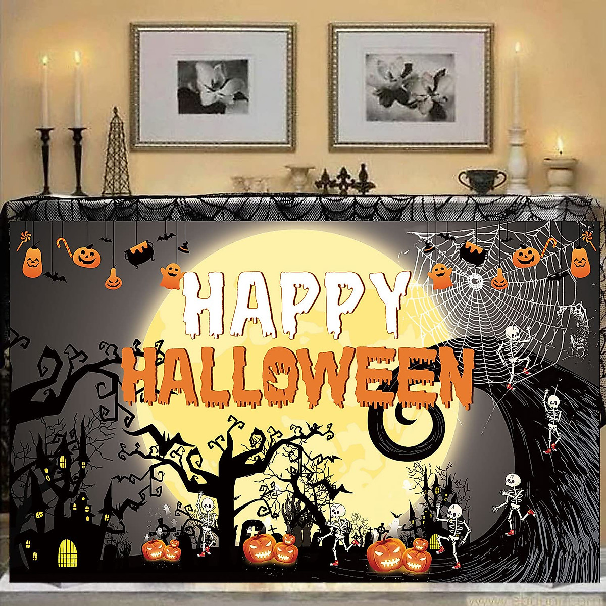Famoby Happy Halloween Theme Fabric Sign Poster Banner Backdrop with Pumpkin,Ghouls, bat,spide,Moon for Halloween Photo Booth Background Party Decoration
