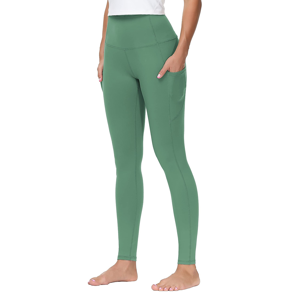 THE GYM PEOPLE Thick High Waist Yoga Pants with Pockets, Tummy Control Workout Running Yoga Leggings for Women (Small, Light Green)