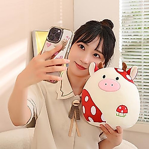 SQEQE Cow Plush Toy Cute Cow Stuffed Animals Soft Pillow Plushies Kawaii Cow Plushie Mushroom Plush Gift for Girls Kids Decor(Red 10 inch)